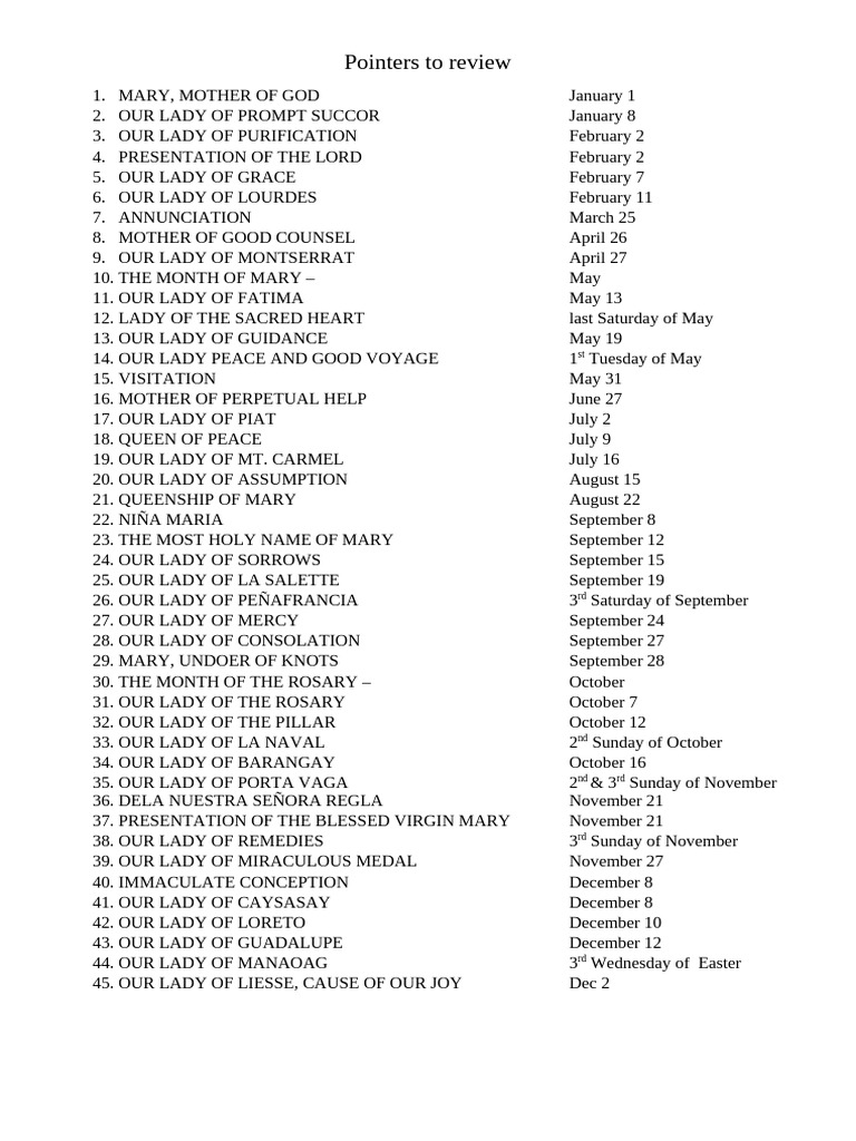 Marian Feast Days Calendar | PDF | Mary, Mother Of Jesus | Catholic Liturgy