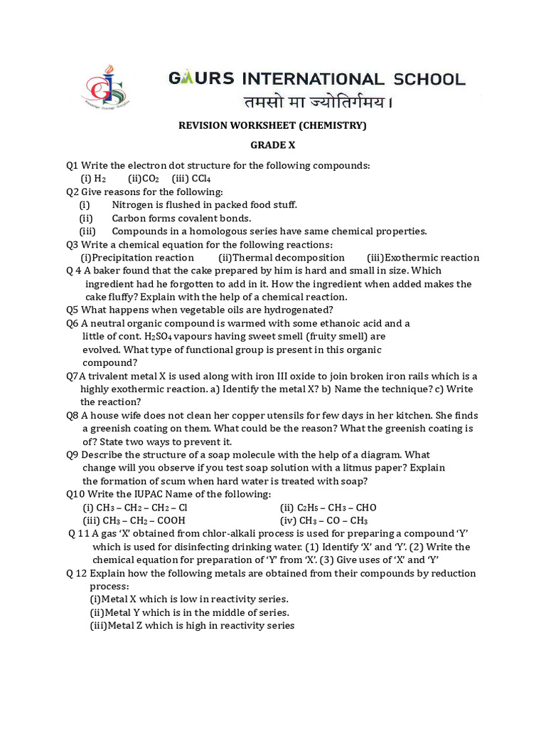 Chemistry Revision Worksheet 1oth | PDF