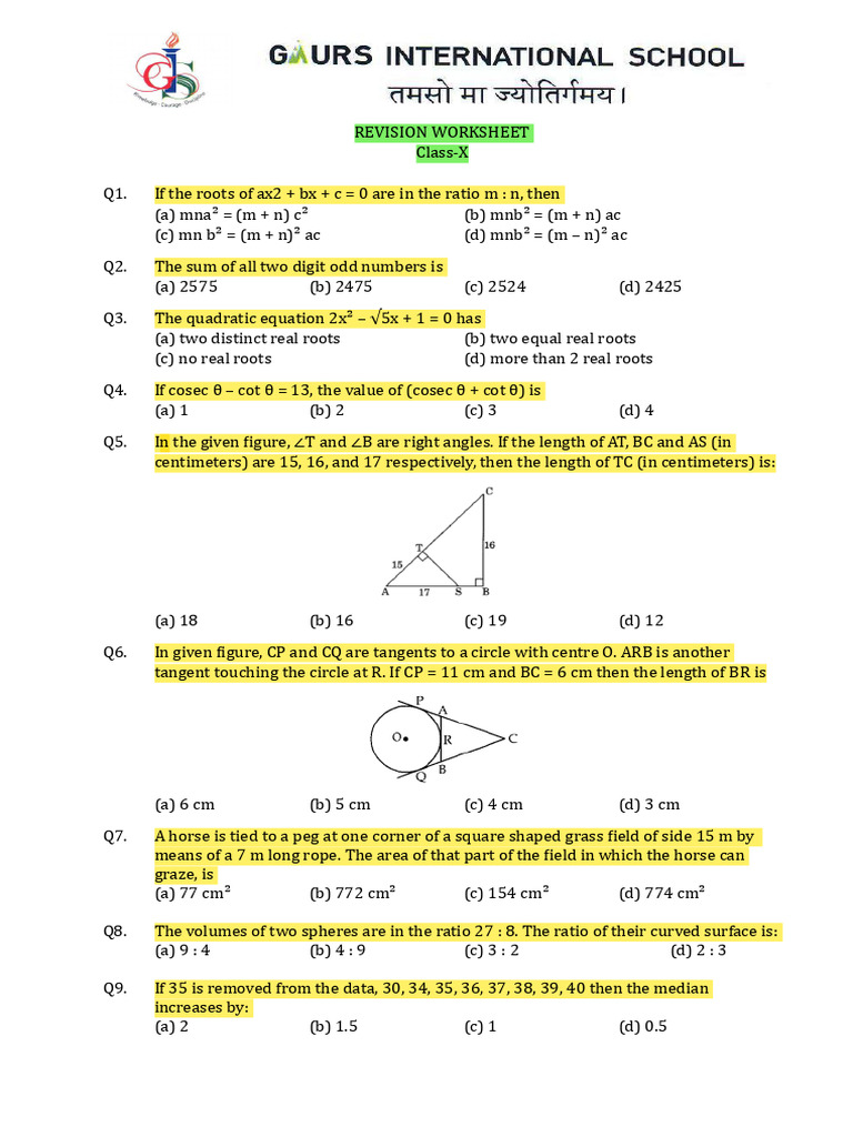 Revision Worksheet Class X Maths | PDF | Circle | Quadratic Equation