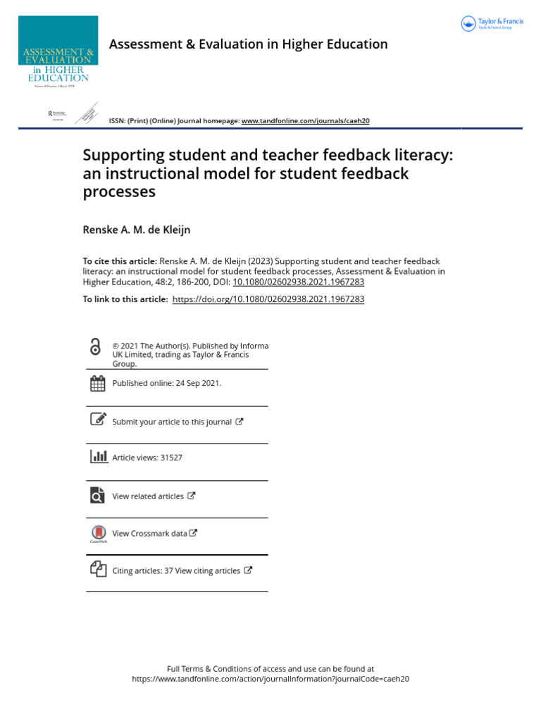 Supporting Student and Teacher Feedback Literacy An Instructional Model ...