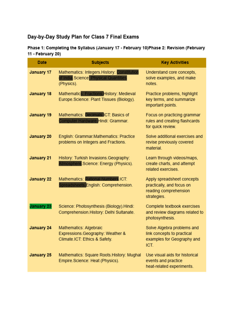 Optimized Study Plan for Class 7 Exams | PDF | Mathematics | Geography