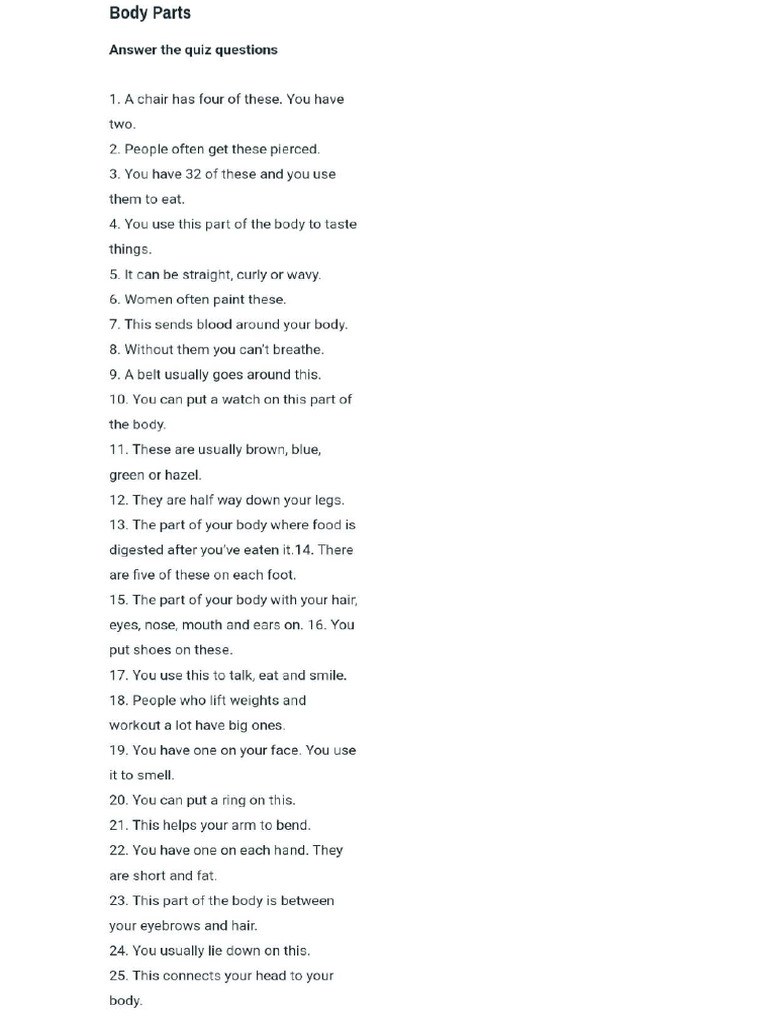 Body Parts Quiz | PDF