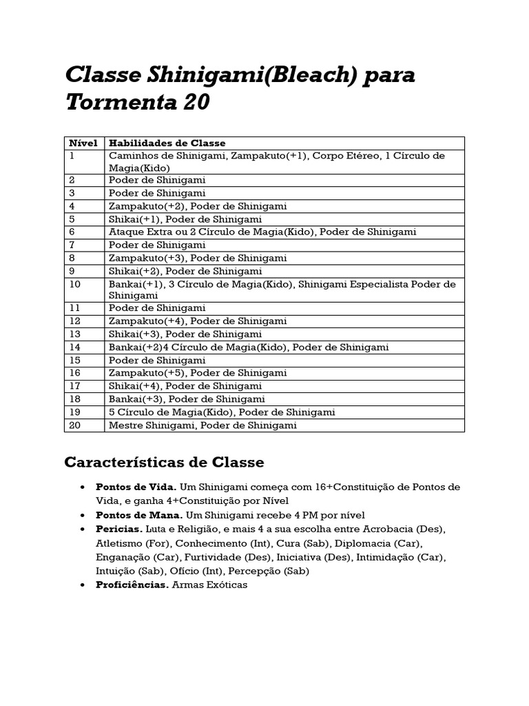Classe Shinigami (Bleach) para Tormenta 20 | PDF | Sabedoria