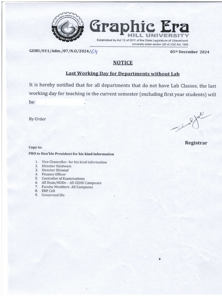 Last Working Day Notice for GEHU Departments | PDF