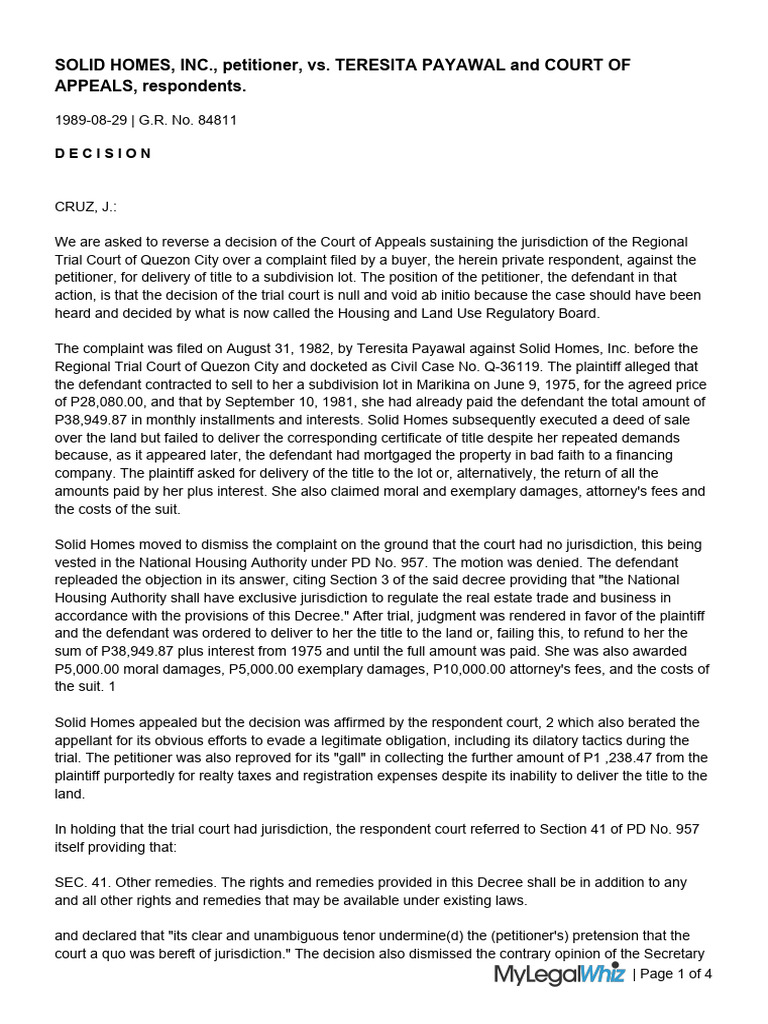 Solid Homes Inc Vs Teresita Payawal Etal | PDF