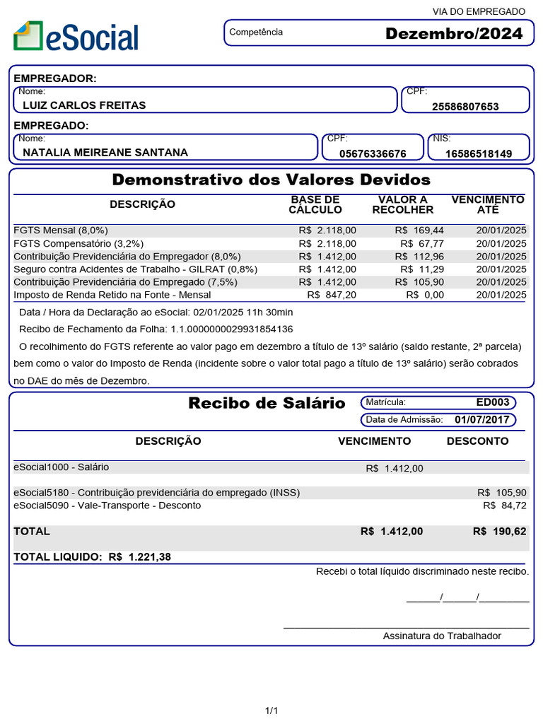 eSocial_Demonstrativo_Recibo_Dezembro_2024 | PDF | Imposto de Renda | Economia pública