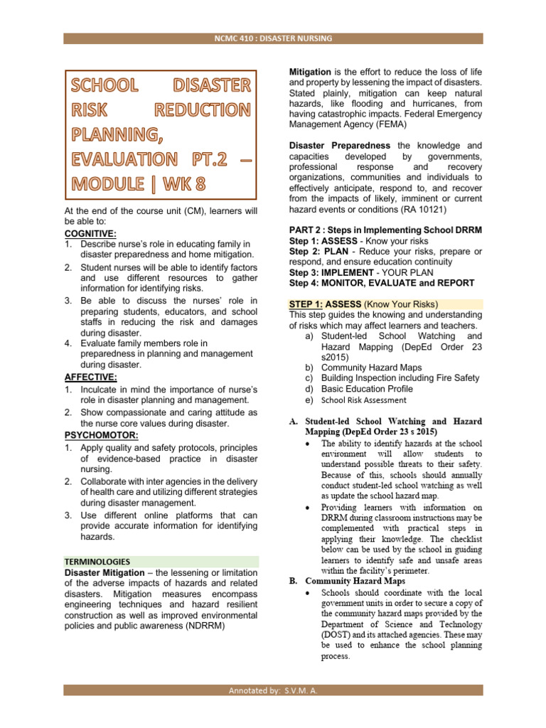 WK 8 NCMC410 MODULE School Disaster Risk Reduction Planning Evaluation ...
