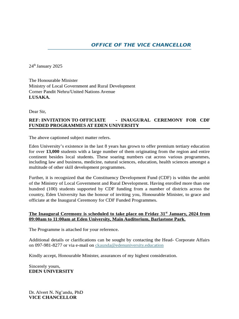 Invitation To Officiate Inaugural Ceremony For CDF Funded Programmes at ...