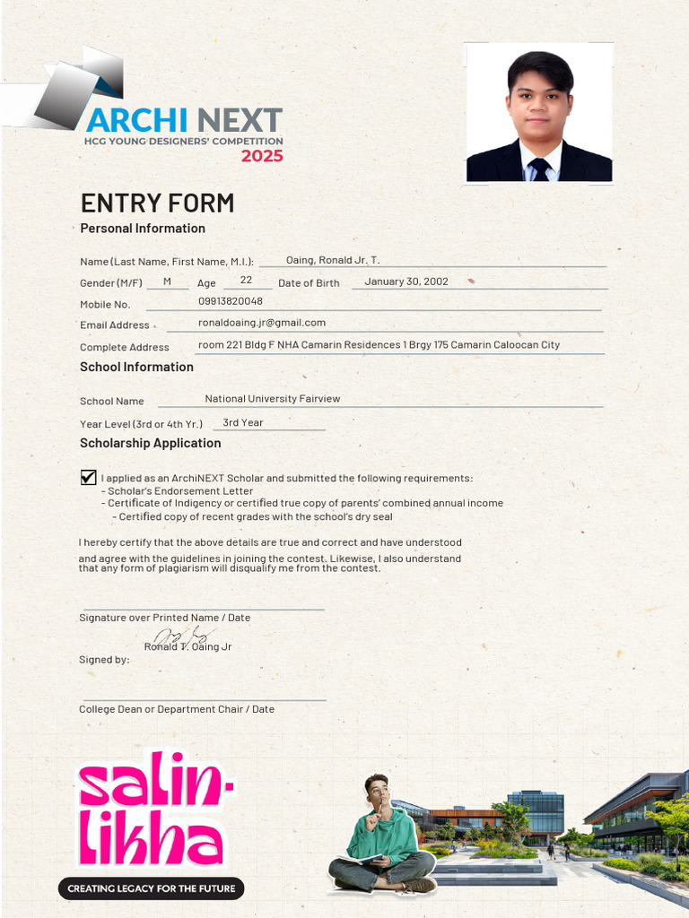 ArchiNEXT 2025 Entry Form PDF | PDF