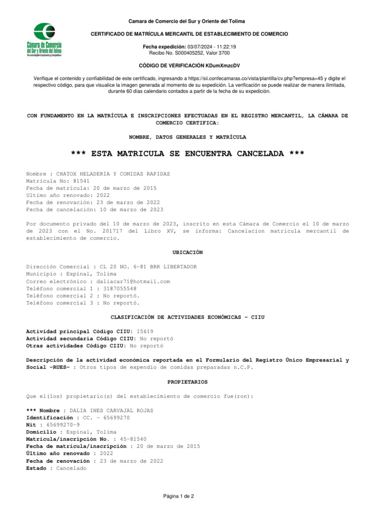 12 - REGISTRO MERCANTIL CHATOX HELADERIA Y COMIDAS RAPIDAS | PDF