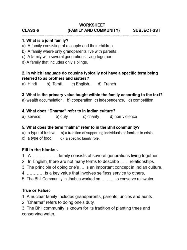 Class 6 Family and Community Worksheet | PDF | Family | Nonviolence