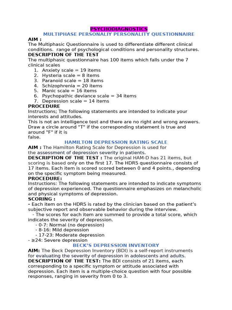 Psychodiagnostic Assessment Tools Overview | PDF | Obsessive–Compulsive ...