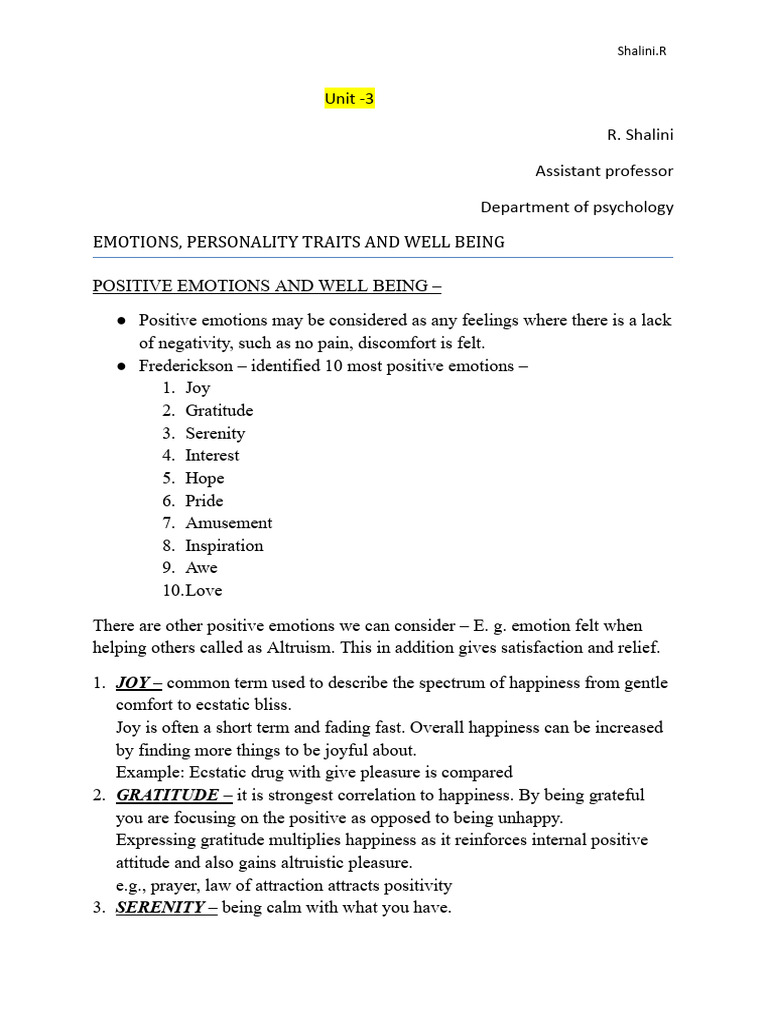 Positive Psychology Unit 3 Notes | PDF | Emotions | Happiness