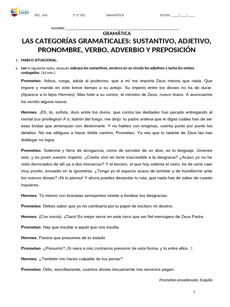 FT. 1° 2° Sec. REC. VAC. GRAM. Las Categorías Gramaticales: Sustantivo, Adjetivo, Pronombre ...