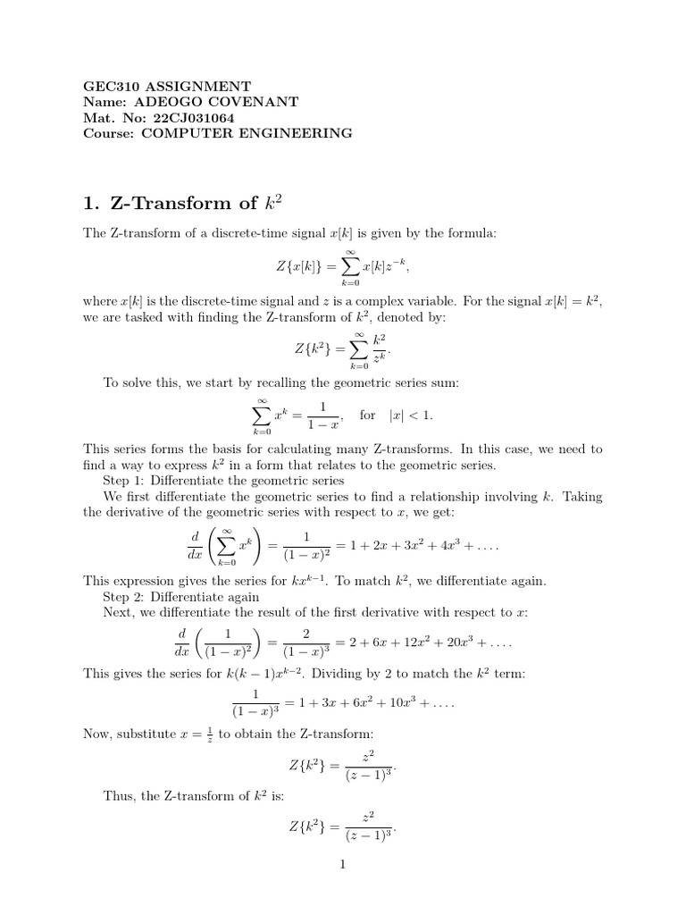GEC310 Z Transform Assignment | PDF | Mathematical Analysis | Mathematics