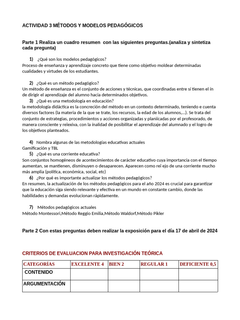 Métodos y Modelos Pedagógicos | PDF | Aprendizaje | Evaluación