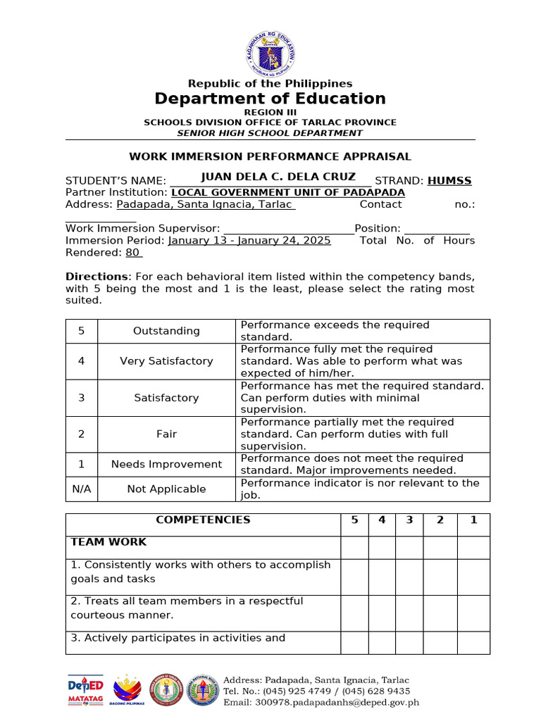 Work Immersion Performance Appraisal | PDF | Performance Appraisal ...