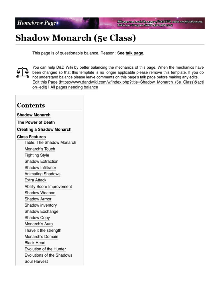 Shadow Monarch Class Overview | PDF