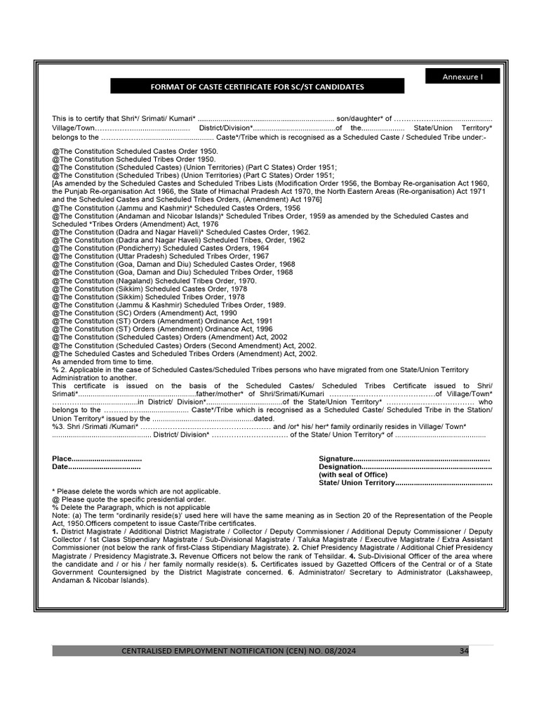 Railway SC ST Cast Certificate PDF | PDF
