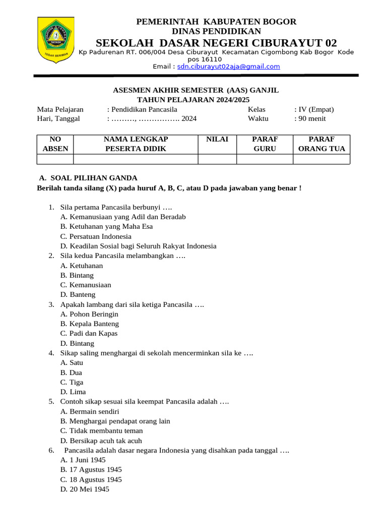 SOAL PKN KLS 4 SMST 1 | PDF