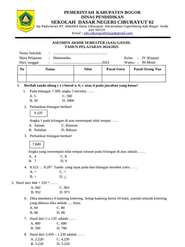 Soal Aas MTK KLS 4 SD Panyarang | PDF