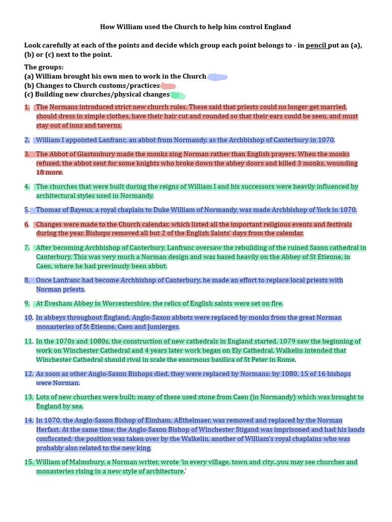 Copy of 2.0 William Uses The Church To Help Him Control England Task | PDF
