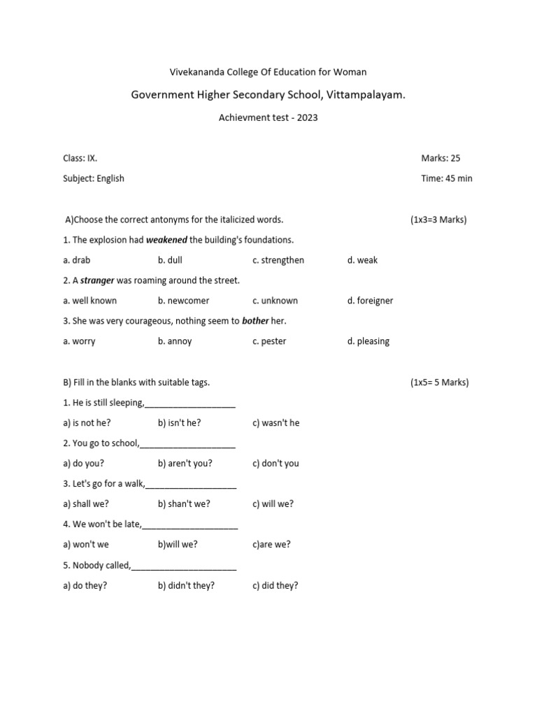 English Achievement Test 2023 - Class IX | PDF
