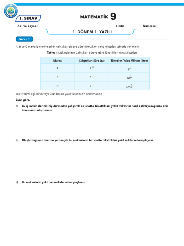 9.sinif Yazili 1.donem-1.yazili | PDF