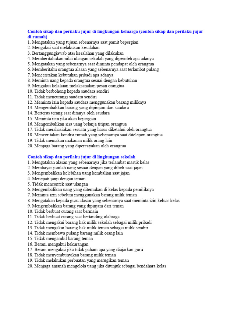 Contoh Sikap Dan Perilaku Jujur Di Lingkungan Keluarga | PDF