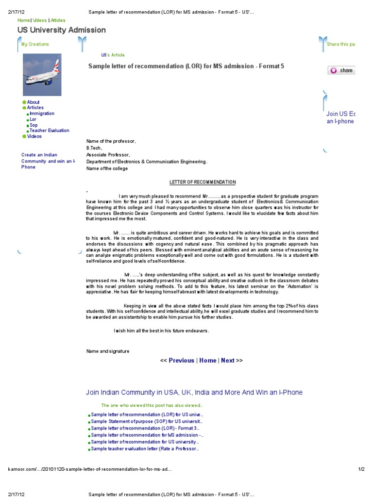 LOR Sample for MS Admission in USA | PDF | Learning | Cognition