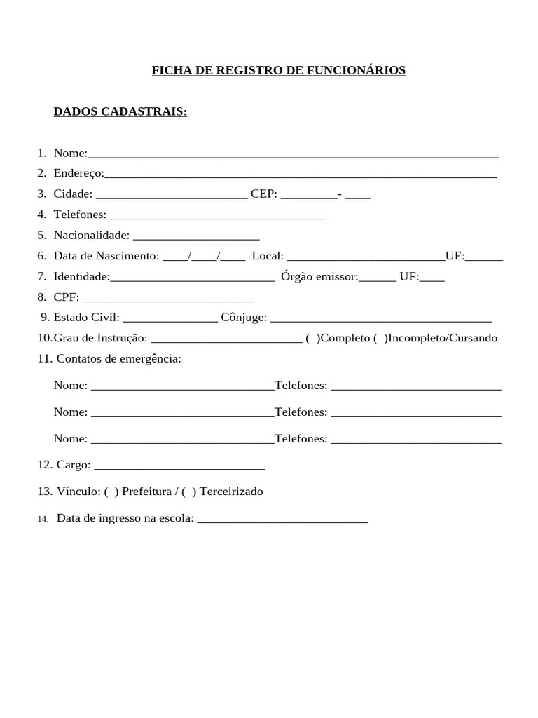 Ficha Registro Funcionarios | PDF