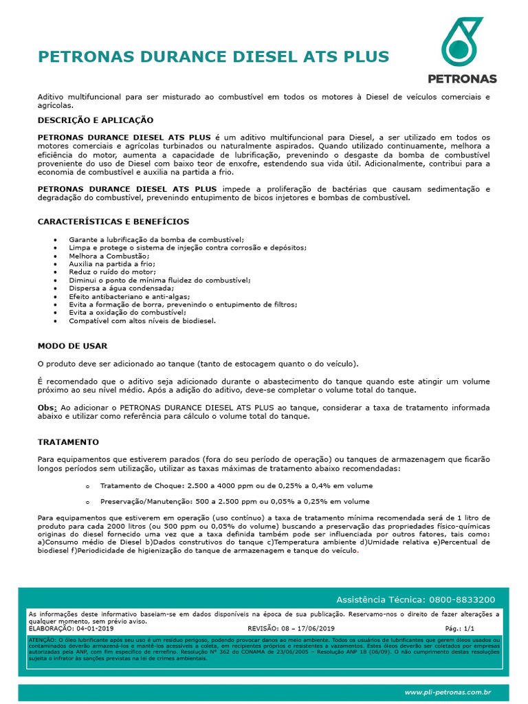 Aditivo Diesel Petronas Durance ATS Plus | PDF | Diesel | Motores