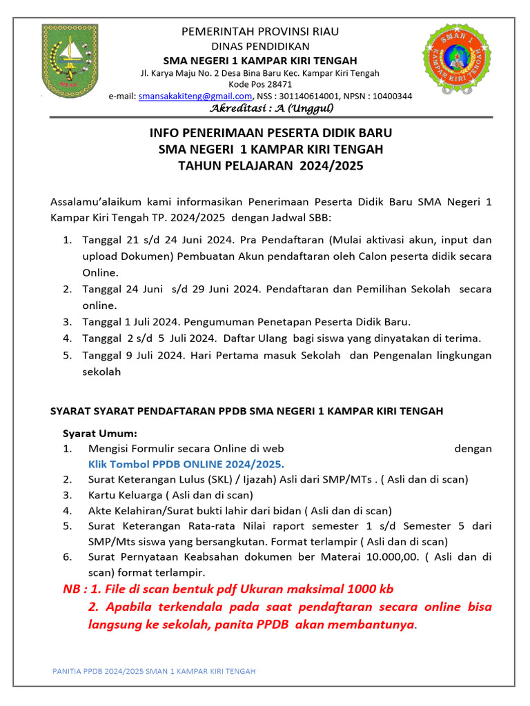INFO RESMI PERSYARATAN DAN TATA CARA PENDAFTARAN PPDB SMAN 1 KKT 2024-2025. | PDF