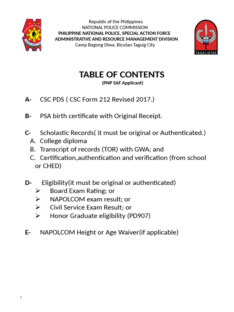 PNP SAF Applicant Document Checklist | PDF