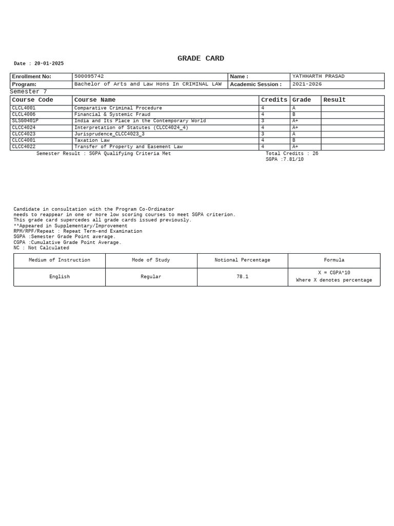 BA LLB H CrimL SEM 7 SEM GRADE CARD 1 1737371410723 STD | PDF