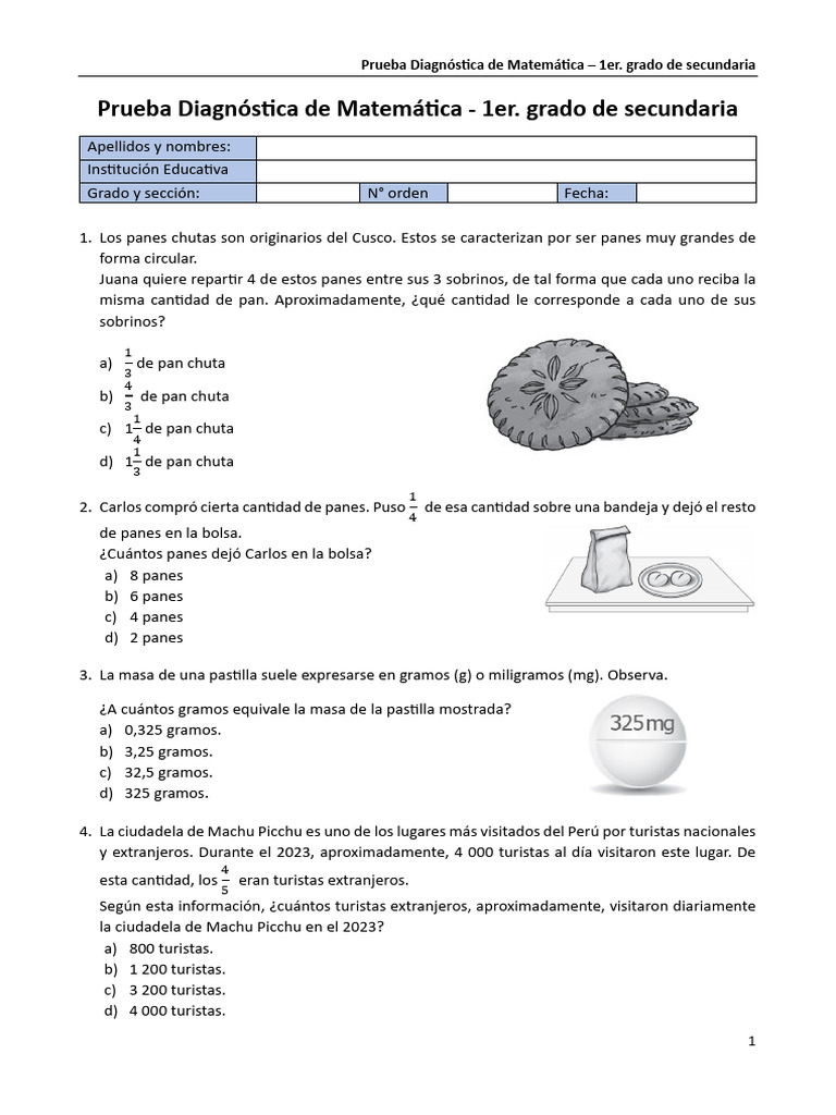 1° Prueba Diagnóstica Matemática | PDF