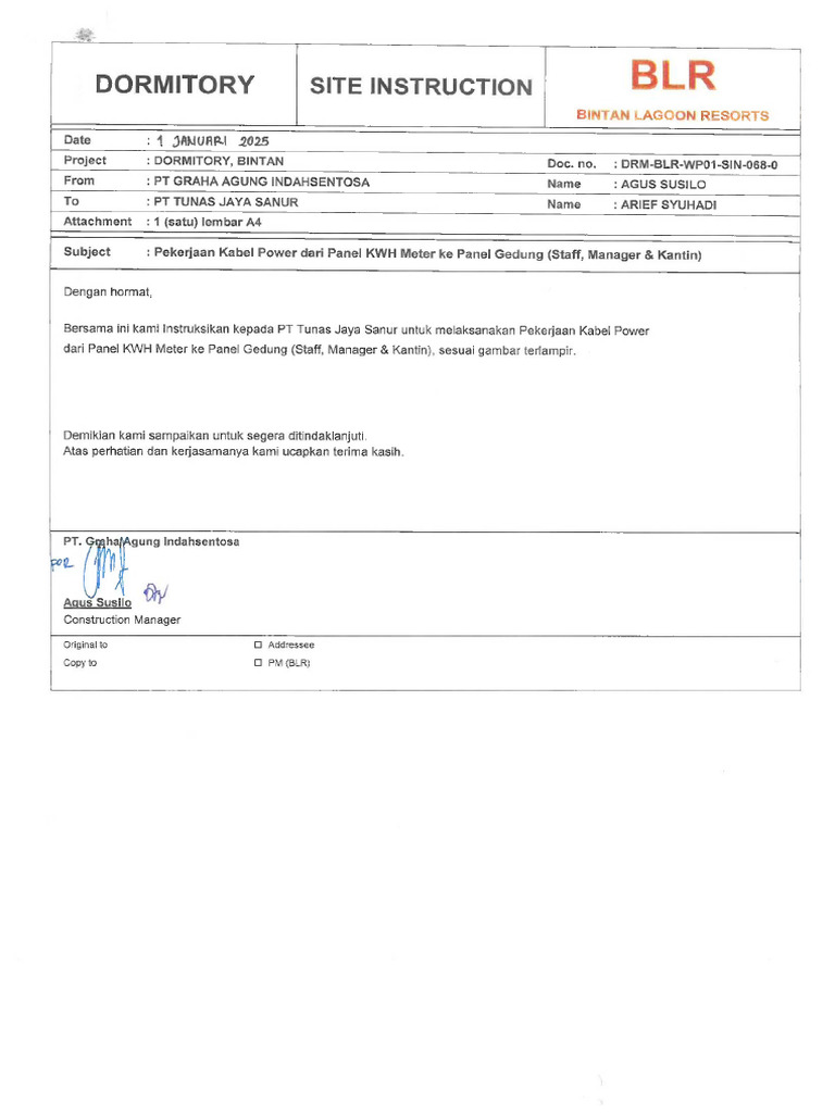 DRM-BLR-WP01-SIN-068-0 Pekerjaan Kabel Power Dari Panel KWH Meter Ke ...