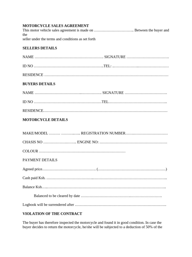 Motorcycle Sales Agreement | PDF