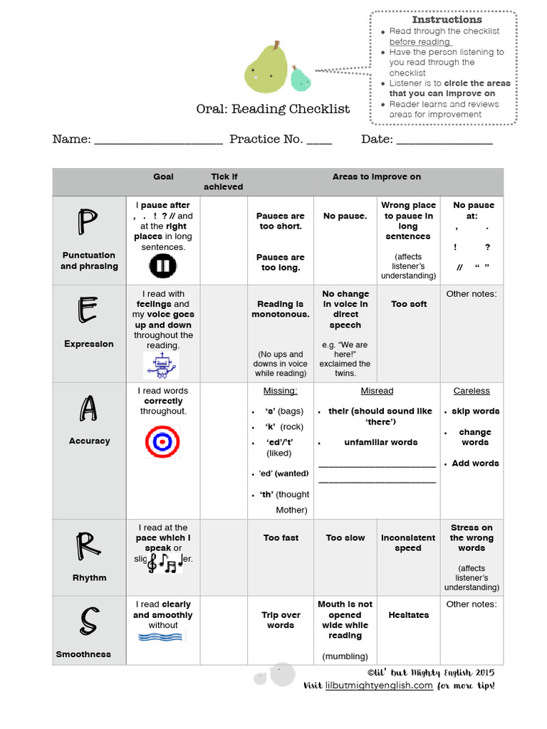 PEARS Oral Checklist ONLINE | PDF | Cognitive Science | Linguistics