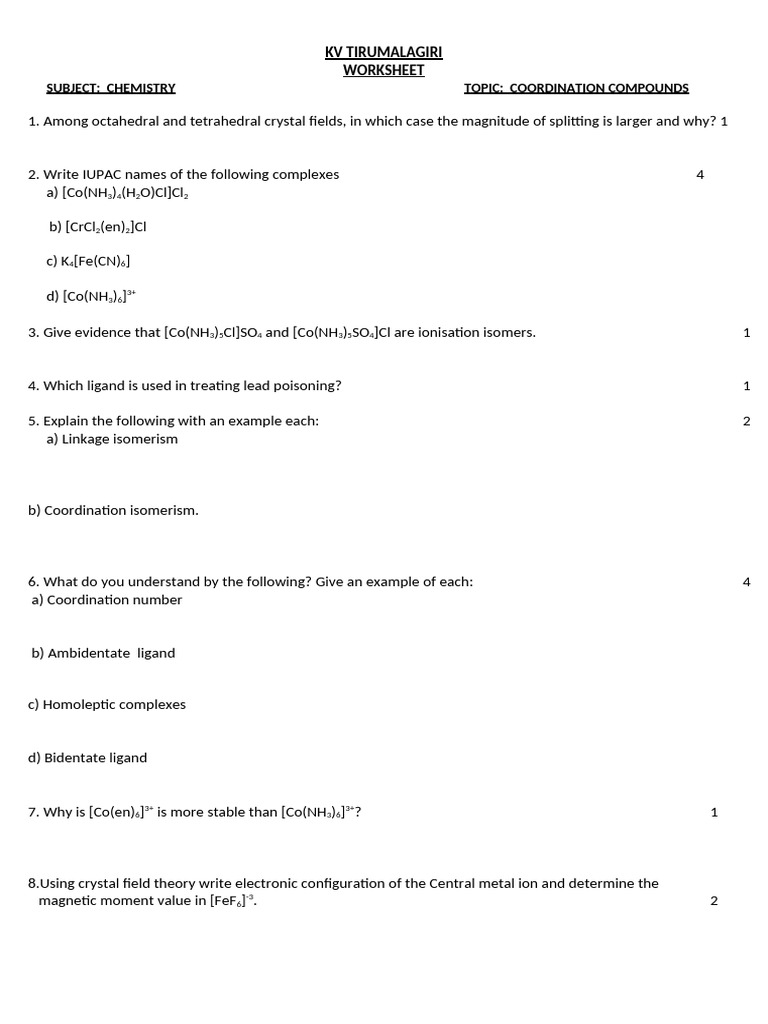 Worksheet On Coordination Compounds | PDF | Coordination Complex | Ligand
