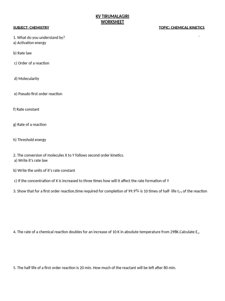Worksheet on Chemical Kinetics | PDF | Reaction Rate | Chemical Reactions
