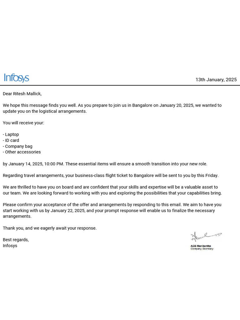Infosys Offer Letter Details for 2025 | PDF