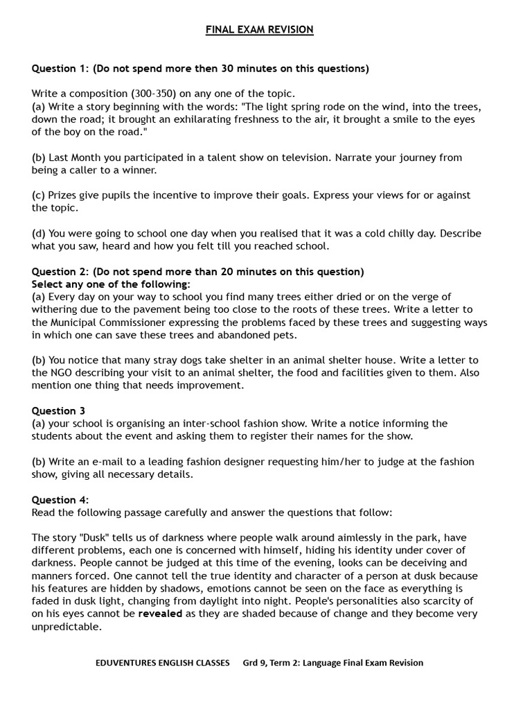 Grade 9 English Exam Revision Guide | PDF