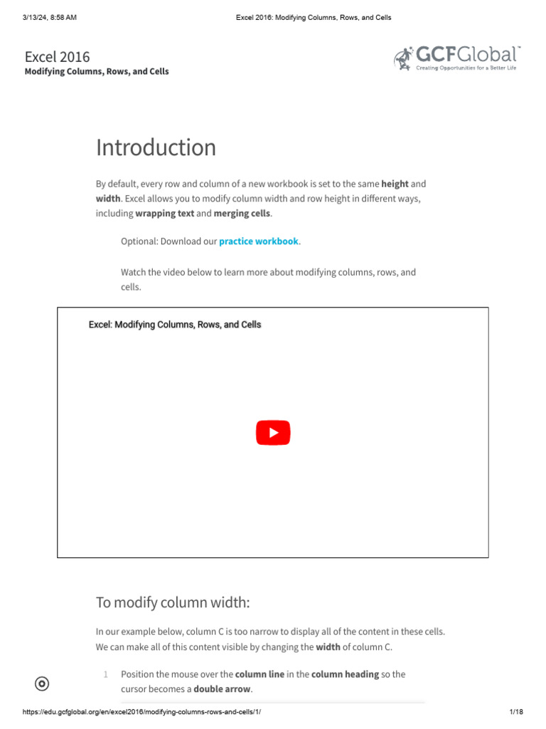 Excel 2016: Edit Columns, Rows, Cells | PDF | Microsoft Excel | Cursor (User Interface)