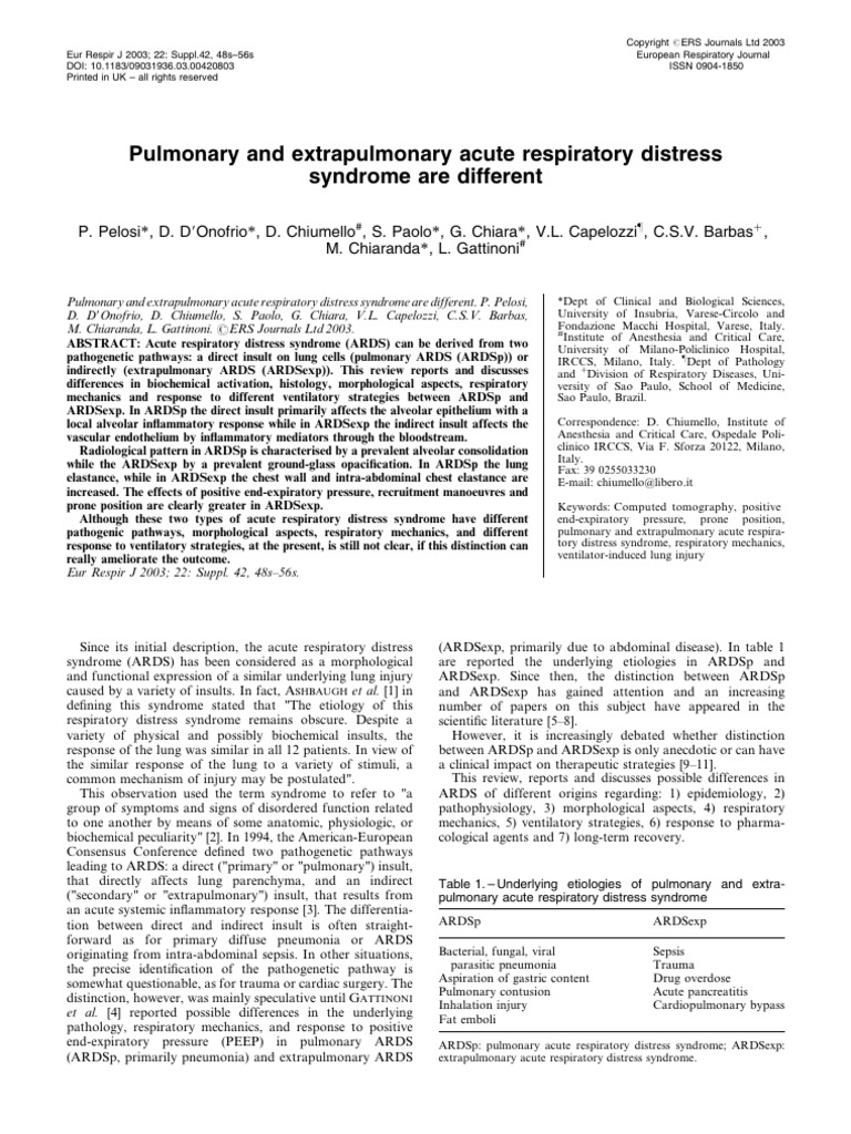 Pulomonary VS Extrapulmonary Ards | PDF | Lung | Pneumonia