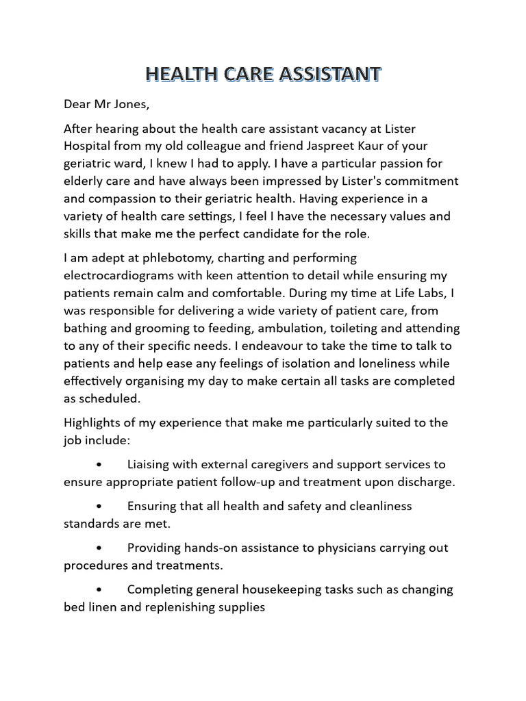 Health Care Assistant Application Letter | PDF