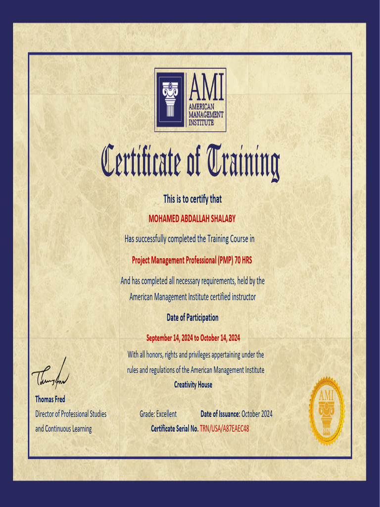 (PMP Training Certificate) From Ami | PDF