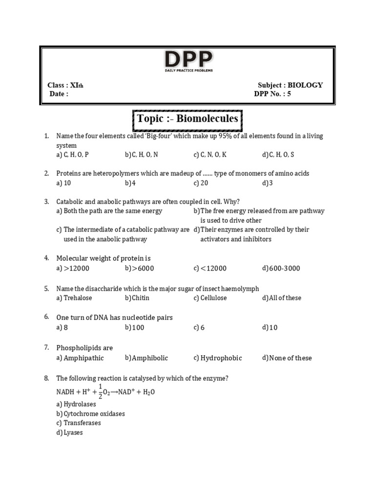 XI Biology DPP 5: Biomolecules Quiz | PDF | Metabolic Pathway | Proteins