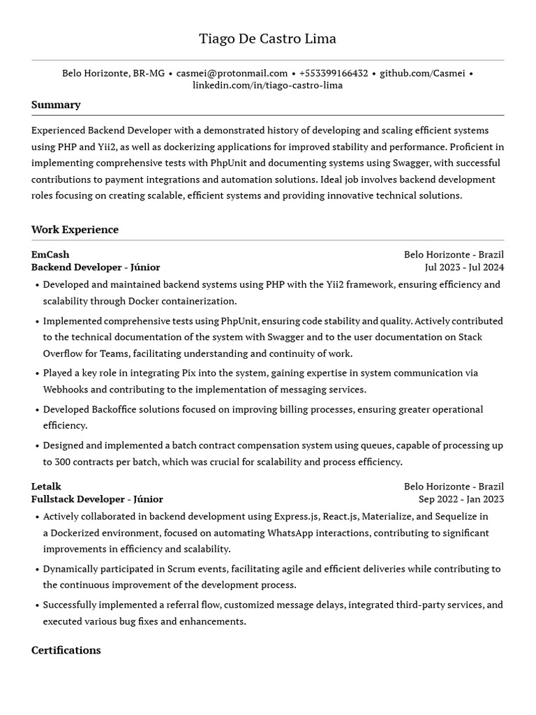 Tiago de Castro Lima Resume | PDF | Computer Science | Software Engineering