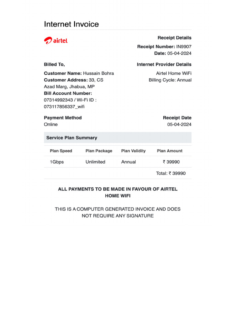 Airtel Wifi Invoice | PDF
